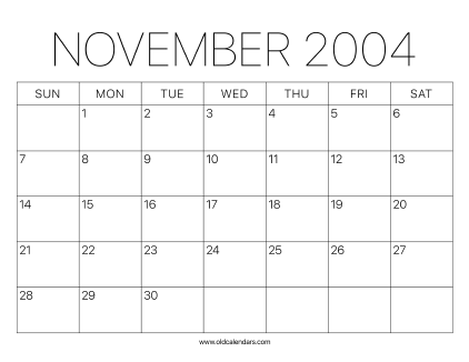 2004 Calendar November – Printable Old Calendars