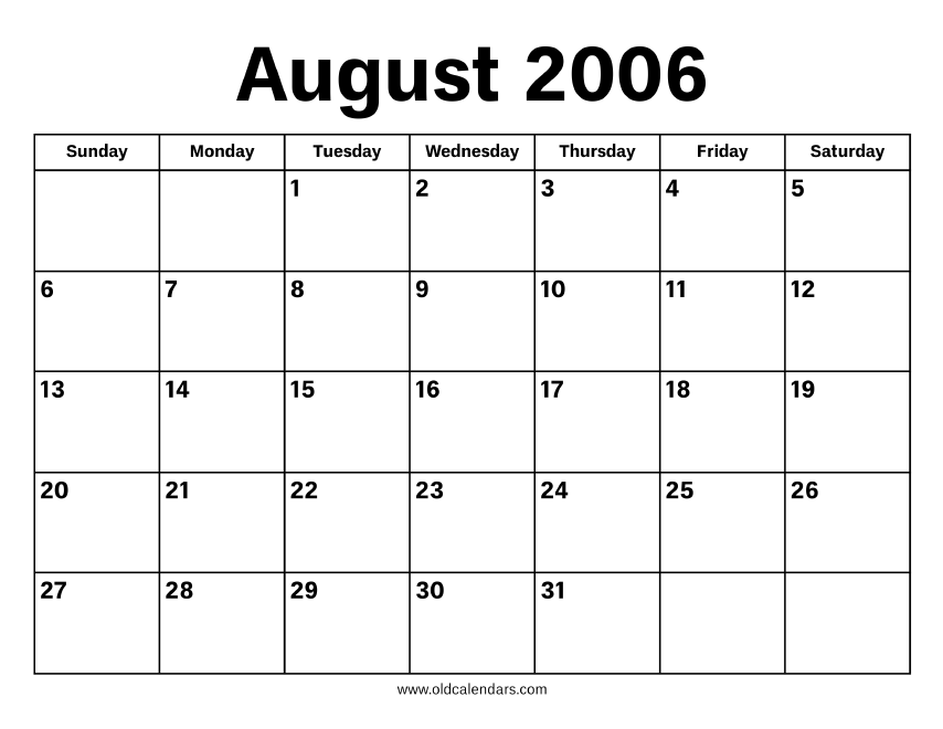 August 2006 Calendar Printable Old Calendars