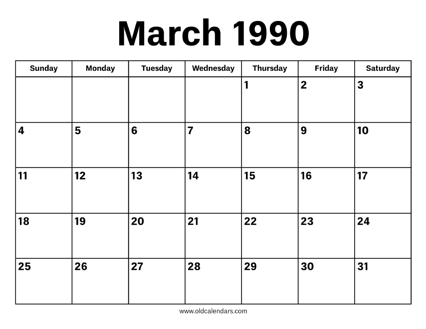 March 1990 Calendar Printable Old Calendars